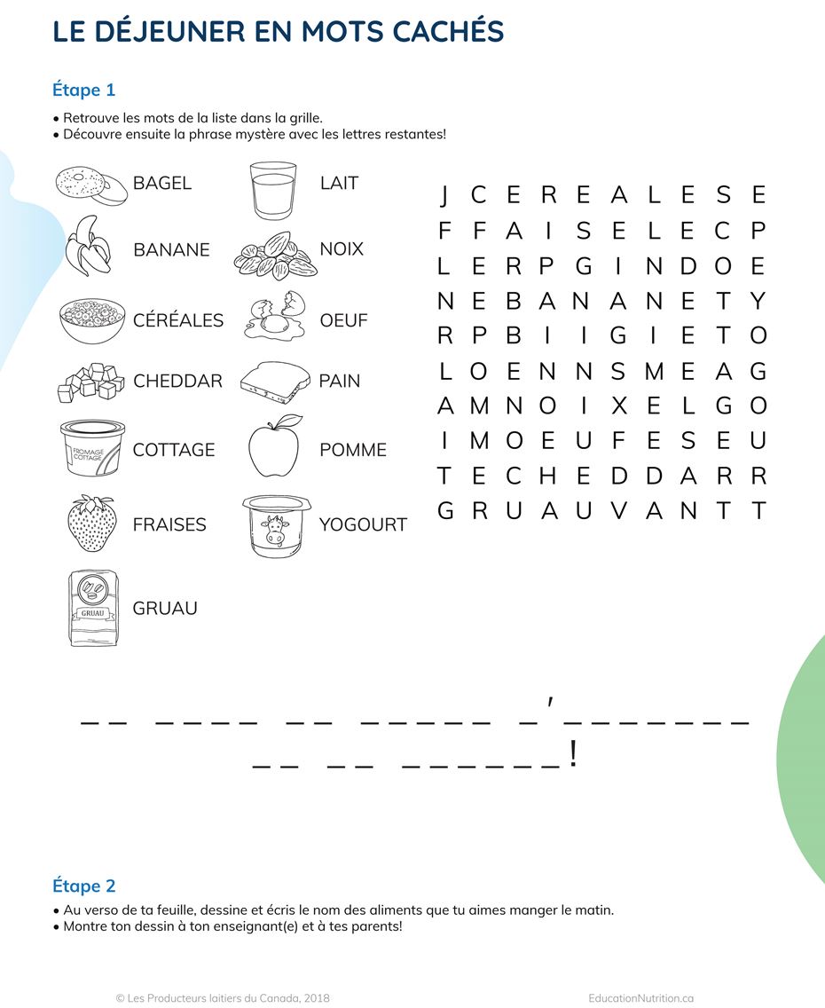 Activité éclair : Le déjeuner en mots cachés