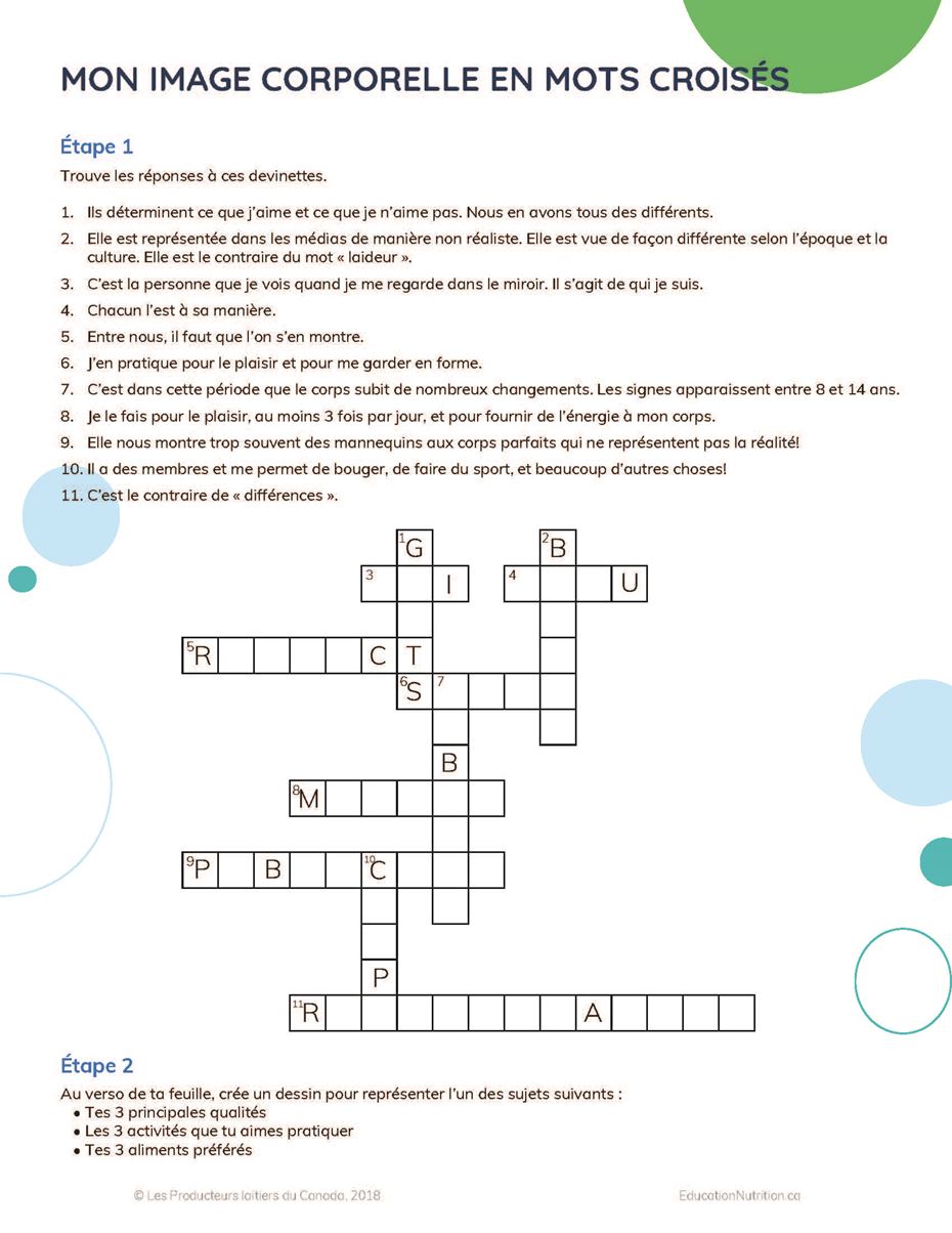Activité éclair : Mon image corporelle en mots croisés